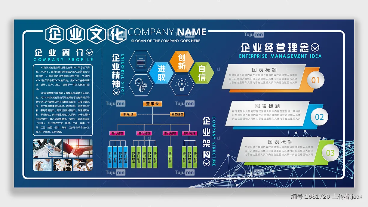 深蓝企业简介架构经营理念文化展板素材模板下载 图巨人