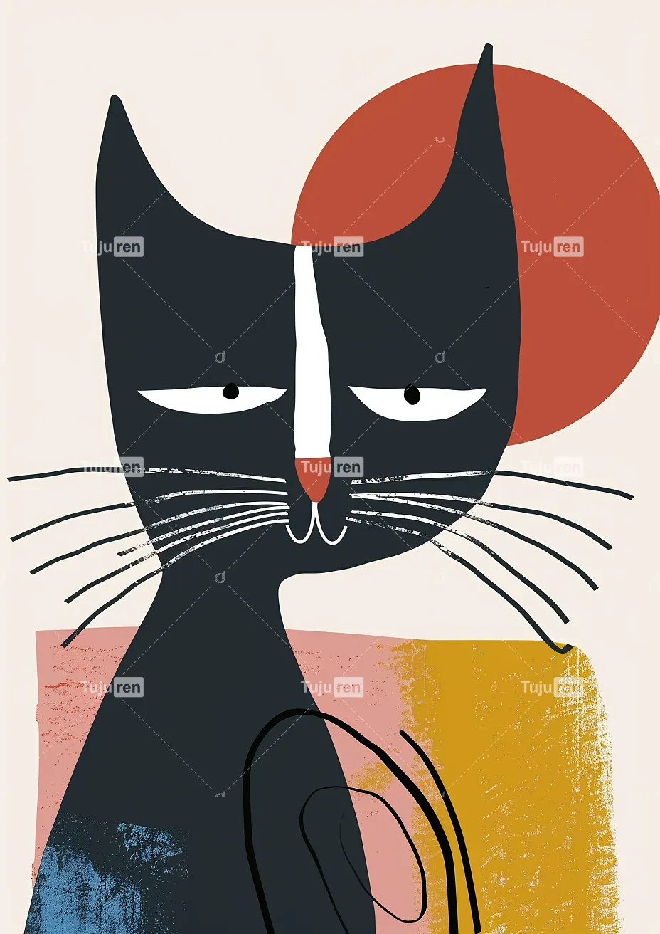 猫极简主义简单线条平淡的色彩极简主义。希腊艺术画波西米海报素材模板下载 图巨人
