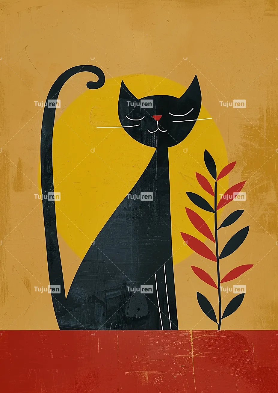 猫极简主义简单线条平淡的色彩极简主义。希腊艺术画波西米海报素材模板下载 图巨人