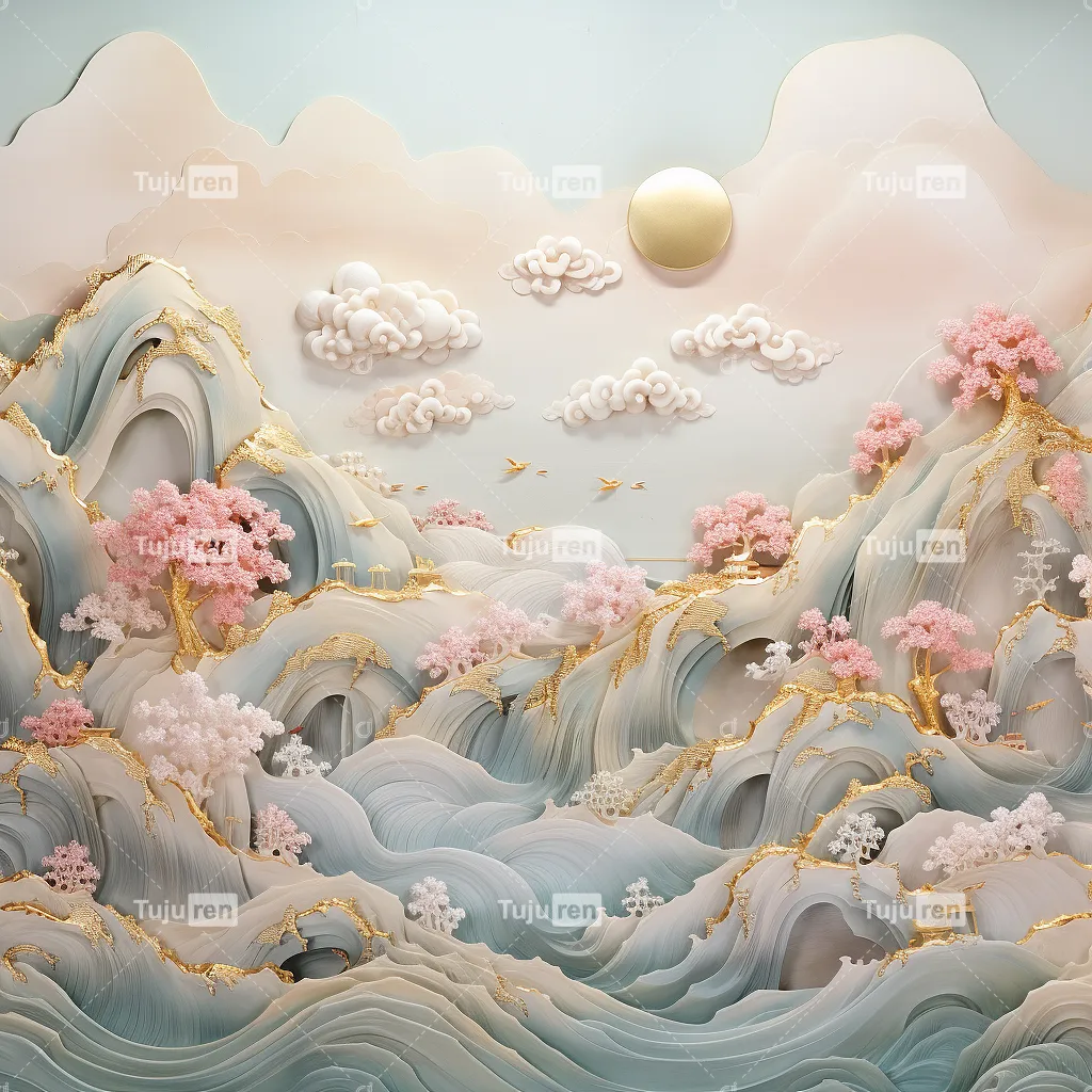 金镶玉雕,粉蓝波浪的超宽镜头,金线,云成山,具有中国风景画的海报素材模板下载 图巨人