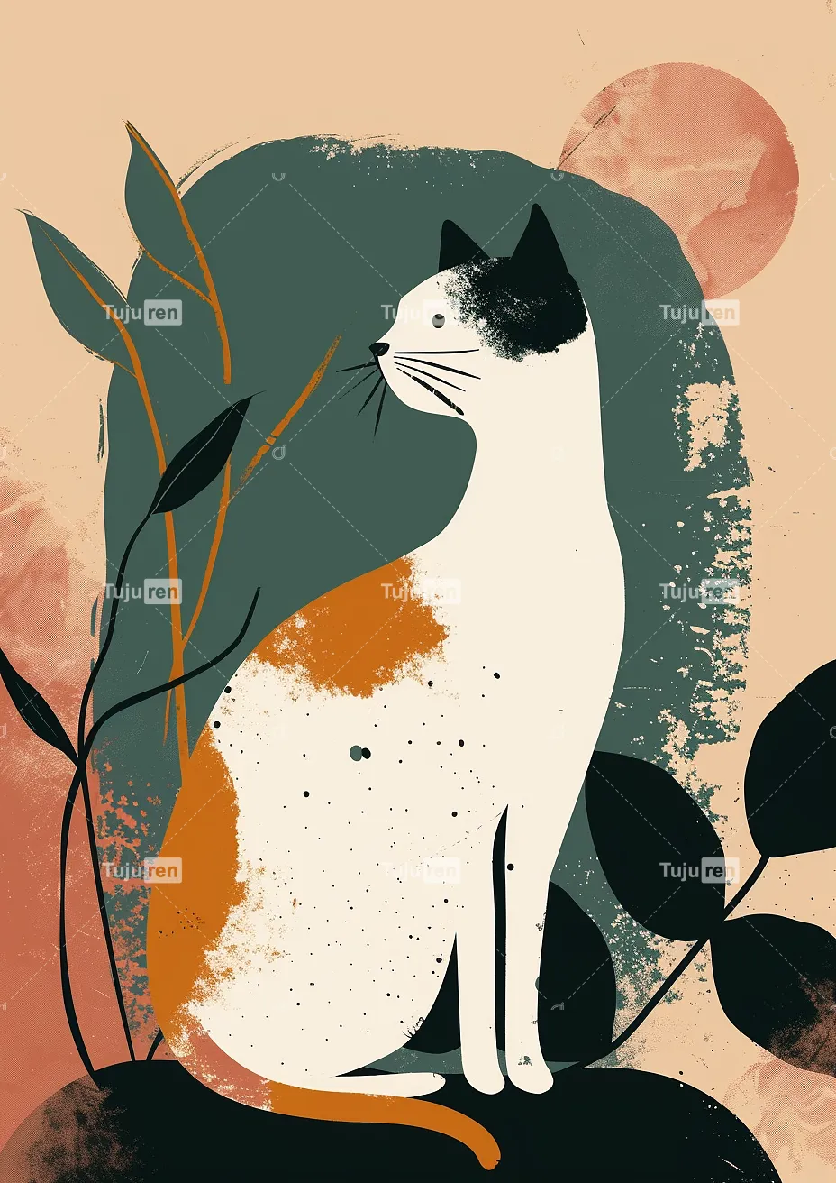 猫极简主义简单线条平淡的色彩极简主义。希腊艺术画波西米海报素材模板下载 图巨人
