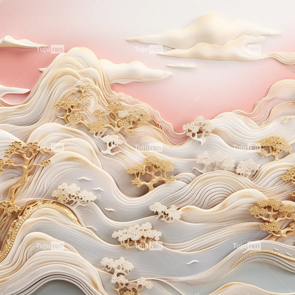 金镶玉雕,粉蓝波浪的超宽镜头,金线,云成山,具有中国风景画的海报素材模板下载 图巨人